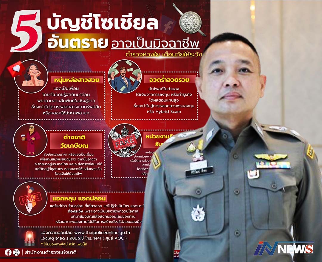 ตรเตือนปชชระวัง5บัญชีโซเชียลอันตราย แนะไม่รับแอด ไม่คุยแชต ไม่โอนเงิน